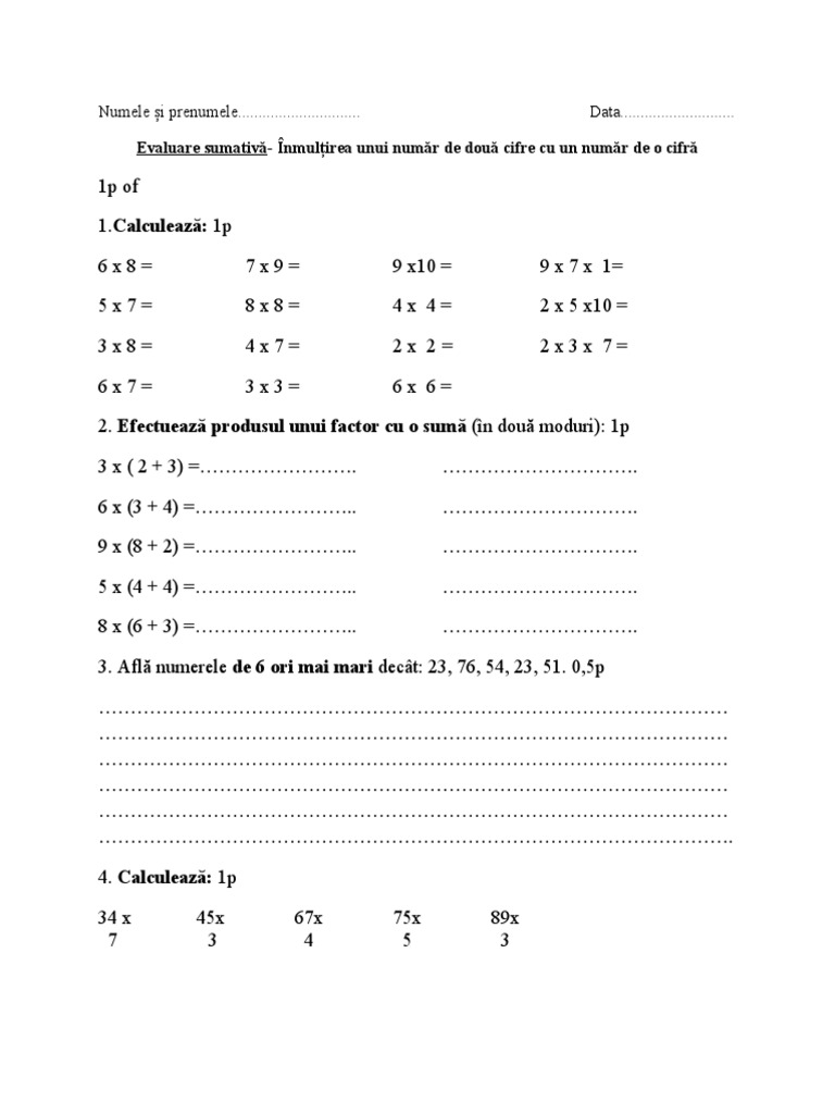Test Clasa A III-a - Inmultiri | PDF