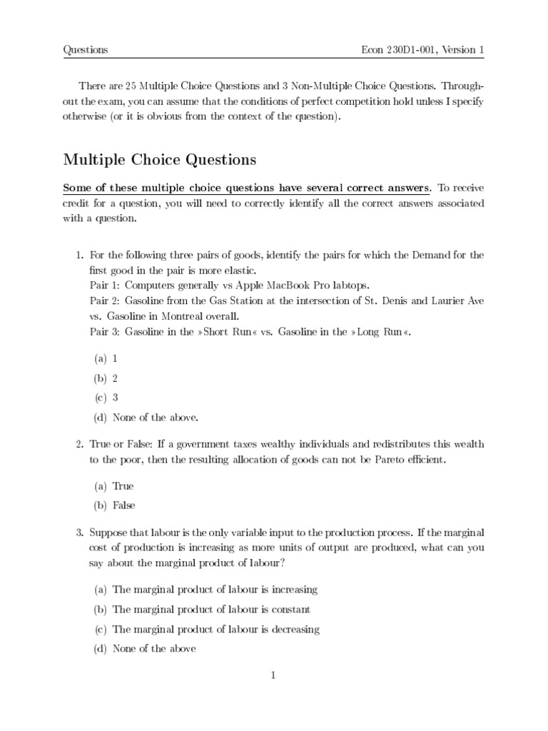 Multiple Choice Questions | PDF | Elasticity (Economics) | Demand