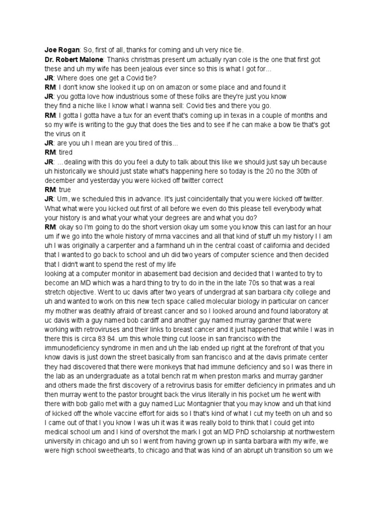 Joe Rogan and DR Robert Malone Transcript | PDF | Centers For Disease ...