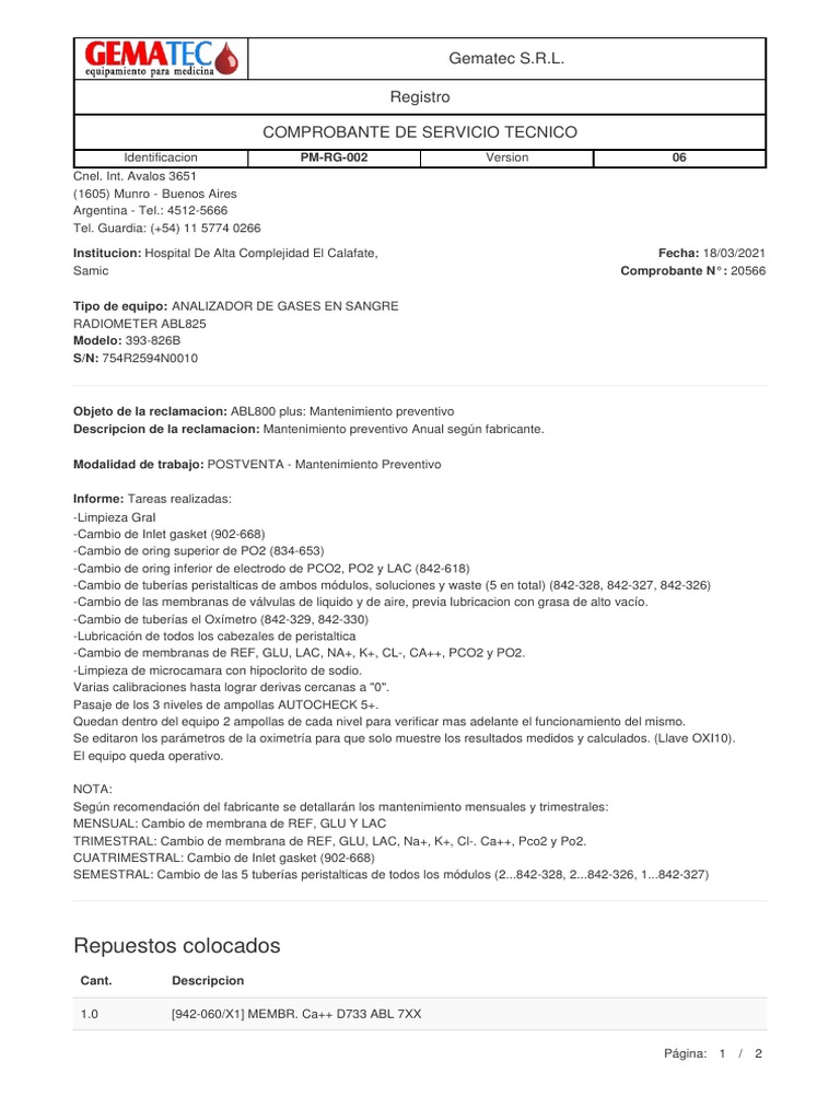 Mantenimiento Anual ABL825 El Calafate | PDF | Química
