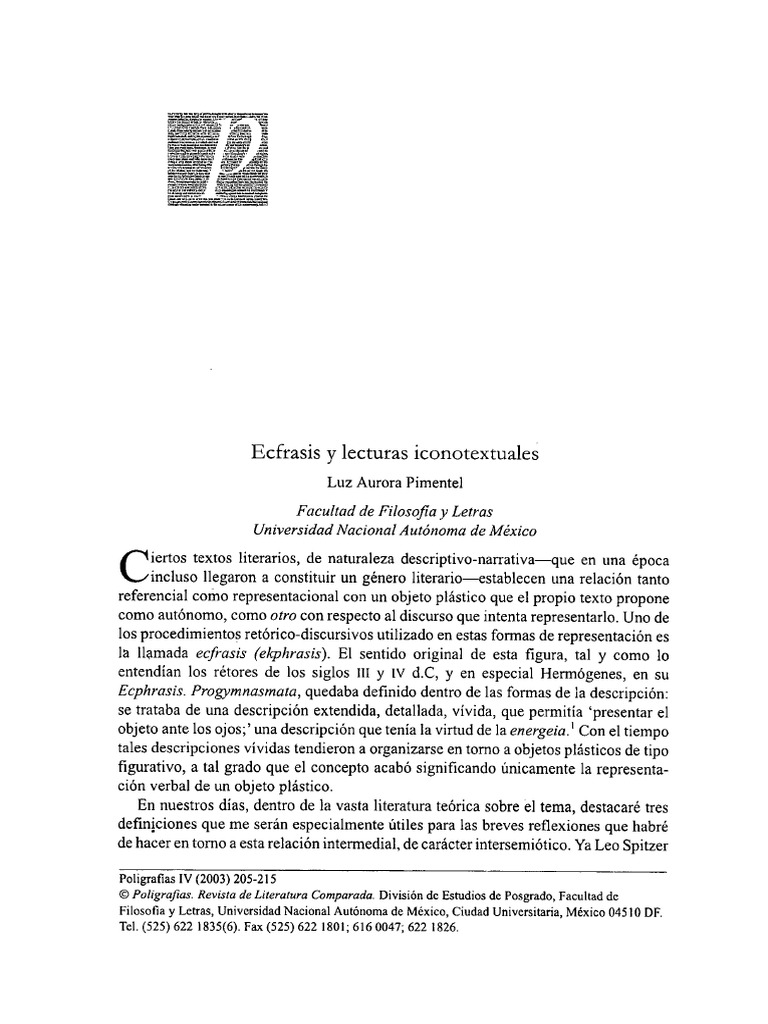 Luz Aurora Pimentel - Écfrasis y Lecturas Iconotextuales | PDF | Las artes