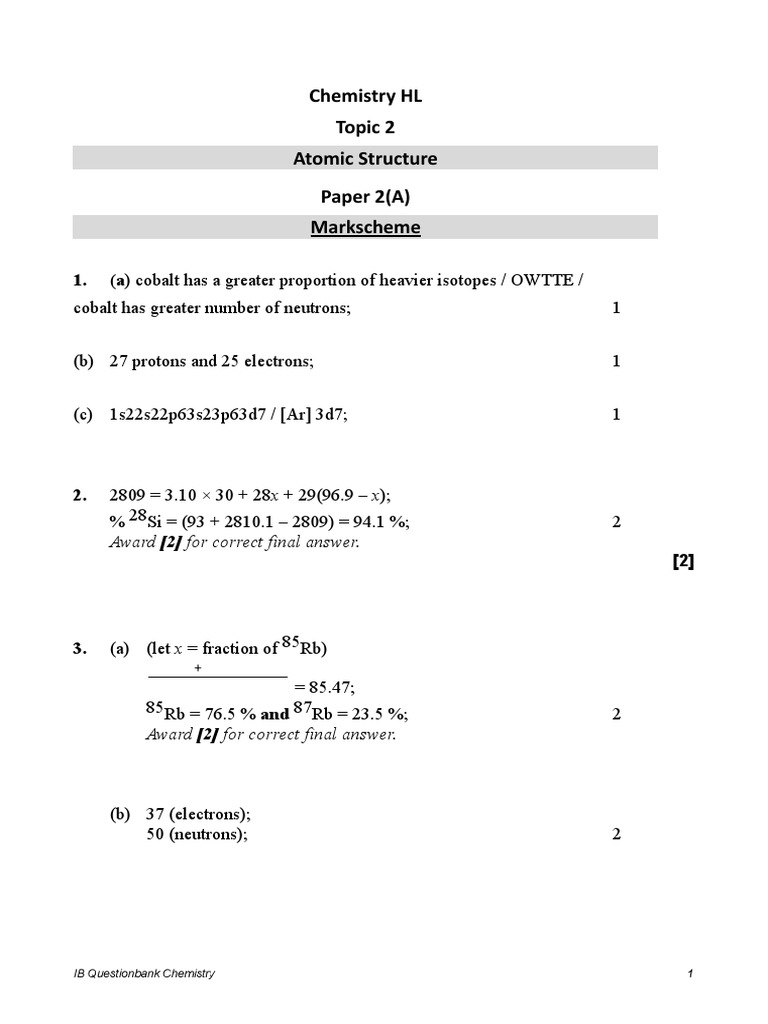 Chemistry HL Topic 2 Atomic Structure Paper 2 (A) Markscheme | PDF ...