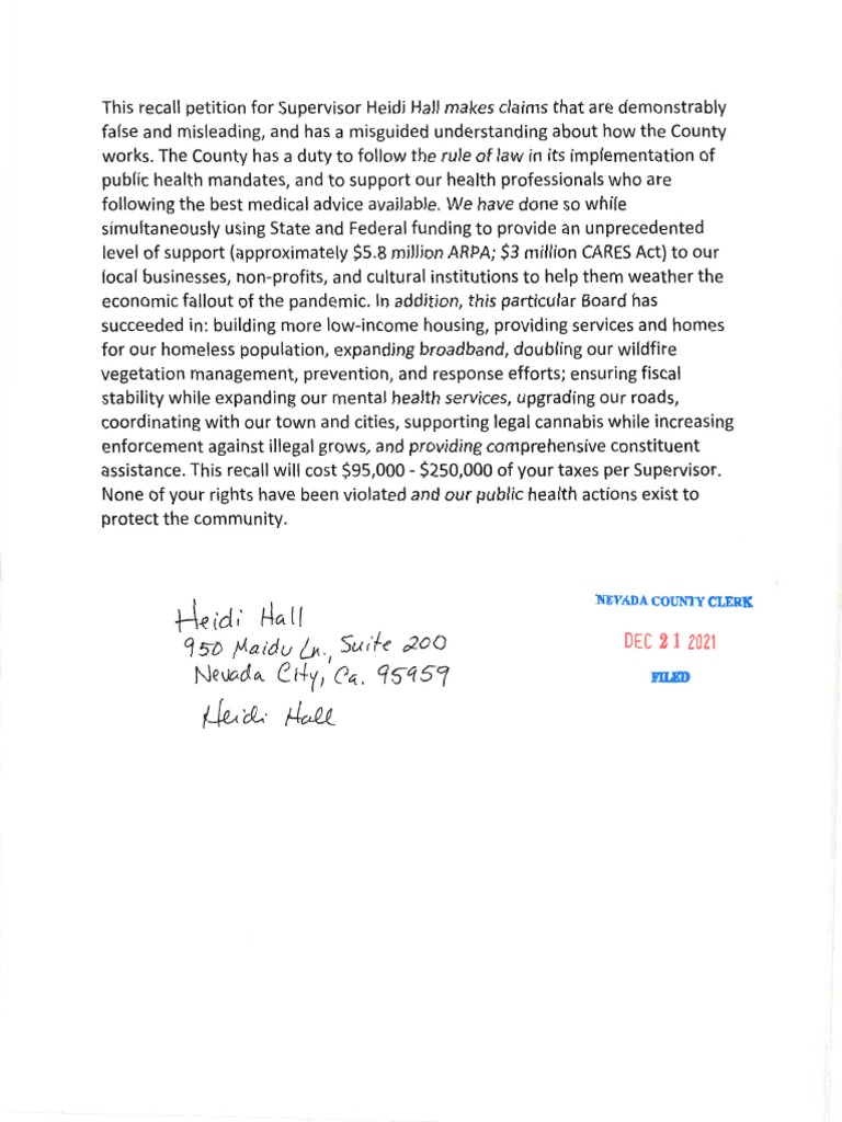 Nevada County Supervisor Heidi Hall Responds To Recall Efforts | PDF