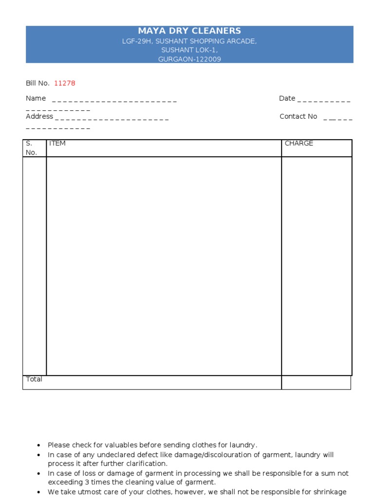 Laundry Bill Template for Dry Cleaners | PDF