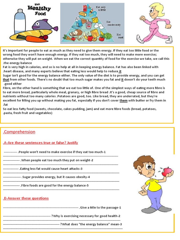 Eat Healthy Food Reading Comprehension Exercises 36327 | PDF | Foods | Fat