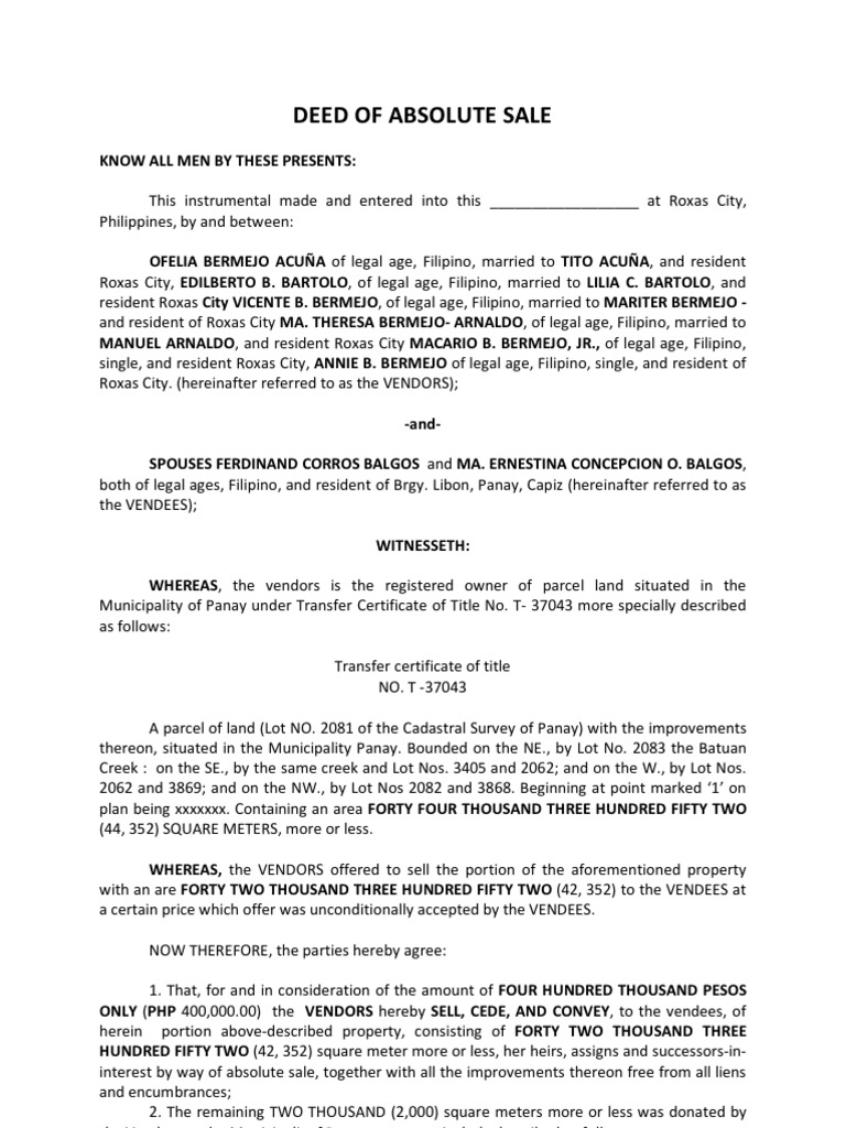 Deed of Absolute Sale | PDF | Land Lot | Urban