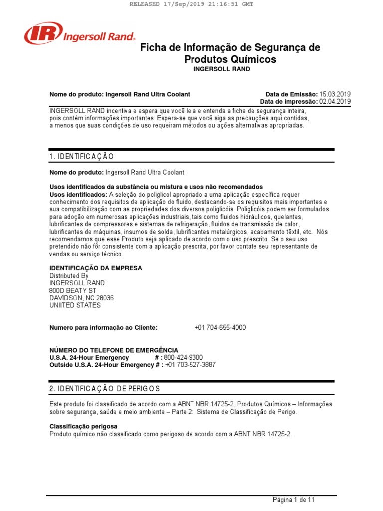 Brazil SDS Ingersoll Rand Ultra Coolant | Download grátis PDF | Desperdício | Combustão