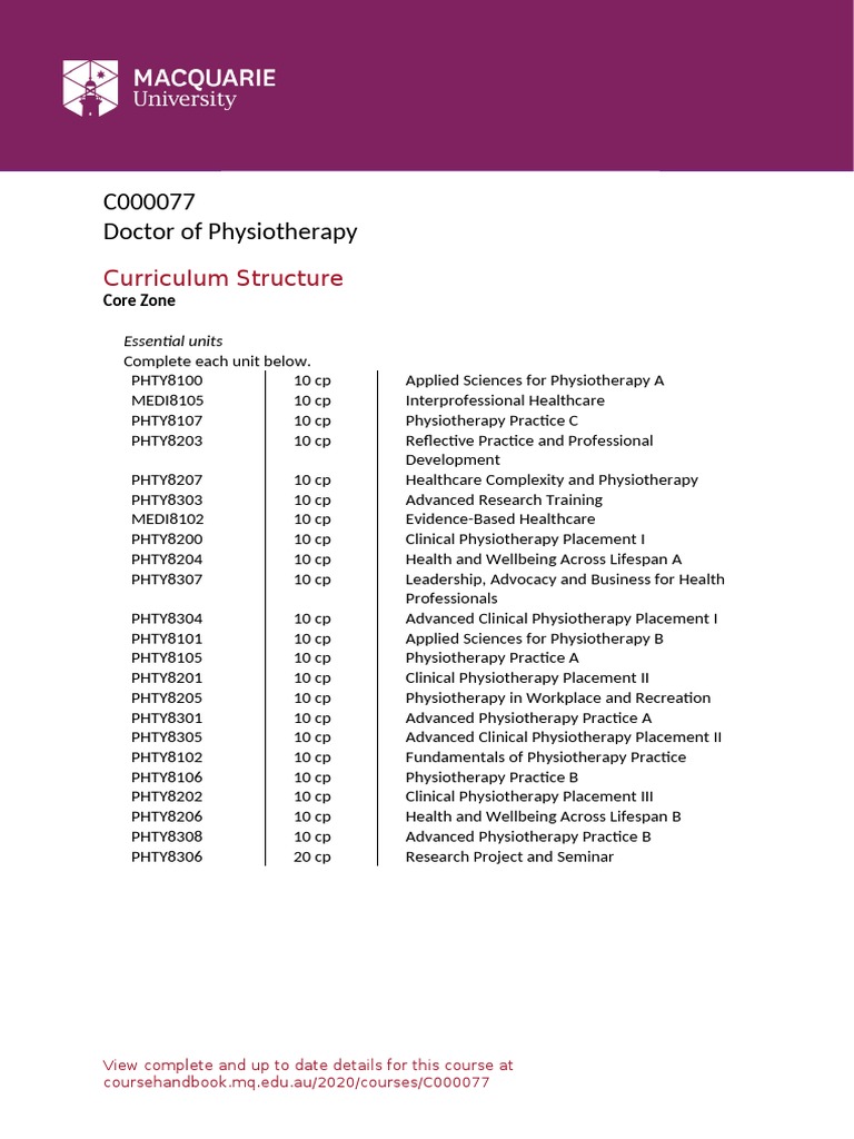 C000077 Doctor of Physiotherapy: Curriculum Structure | PDF | Self ...