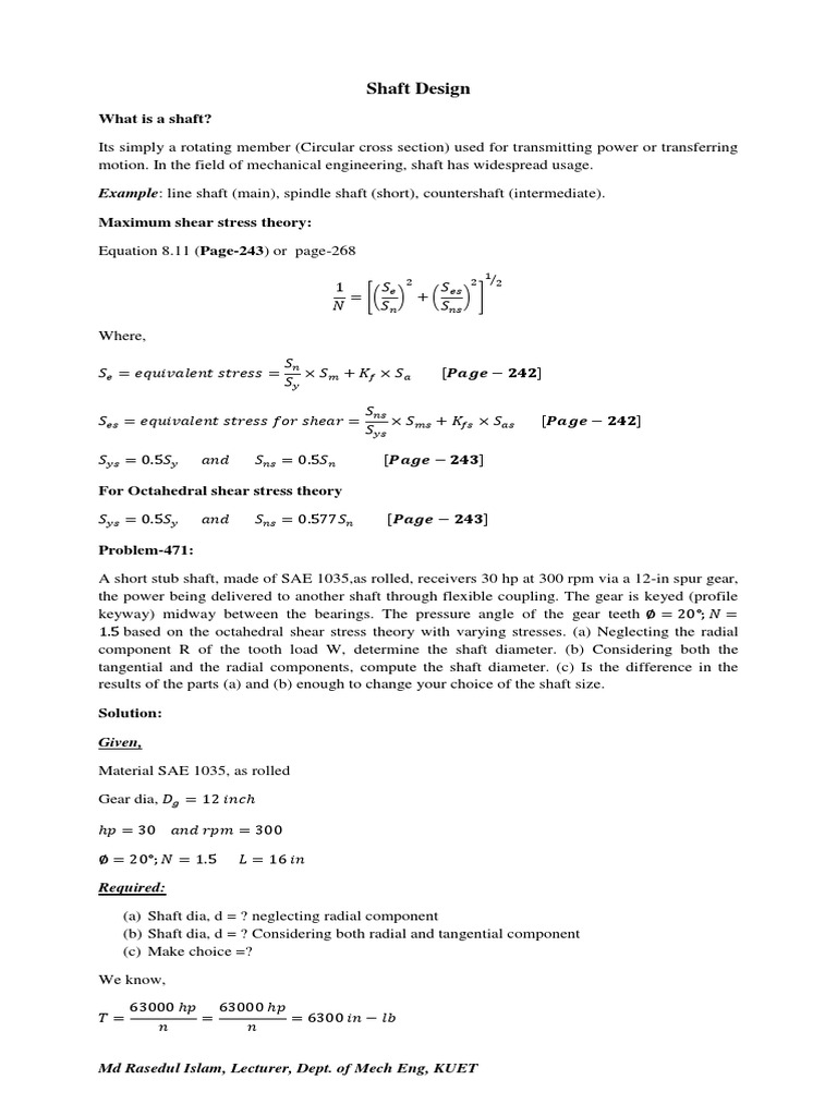 Shaft Design: Example: Line Shaft (Main), Spindle Shaft (Short ...
