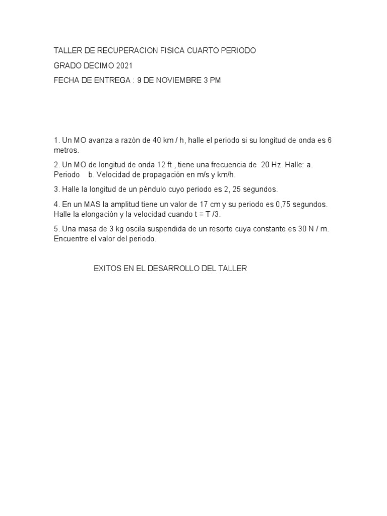 Taller de Recuperacion Fisica Cuarto Periodo Grado Decimo | PDF