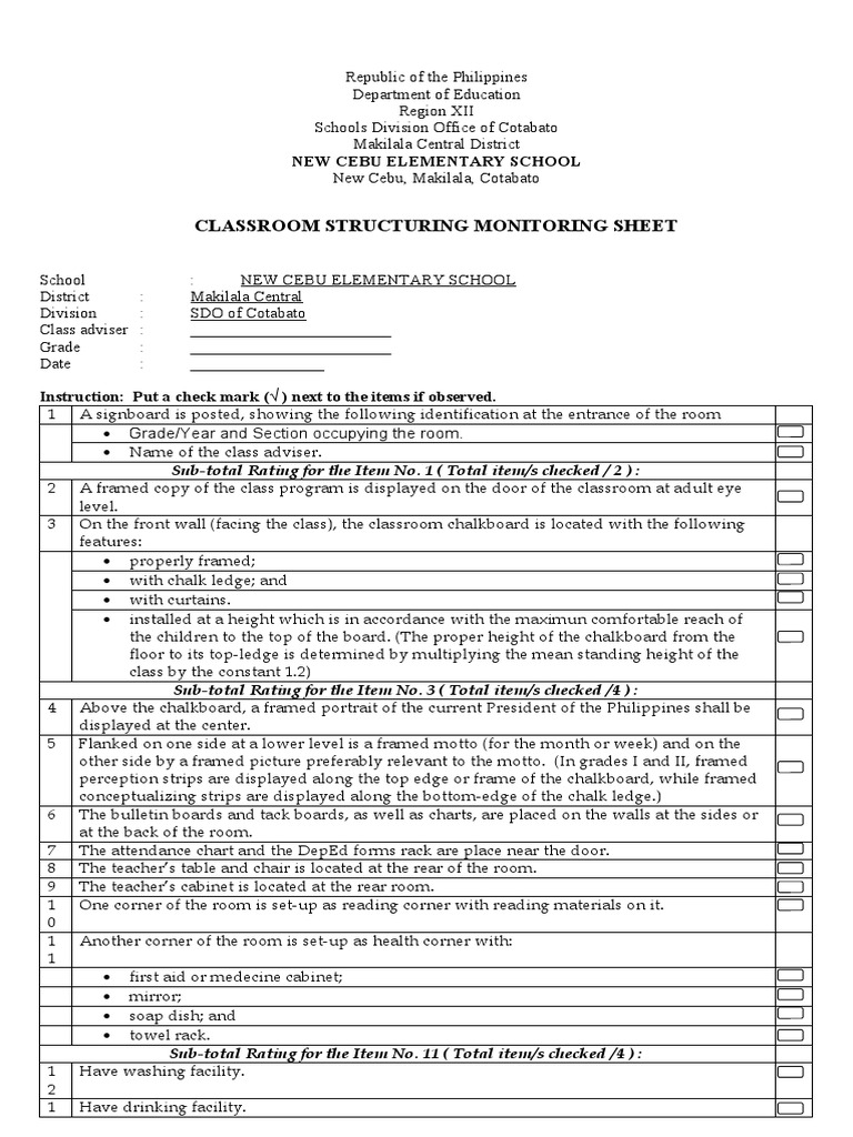 Classroom Structuring Monitoring Sheet | PDF | Classroom | Teachers