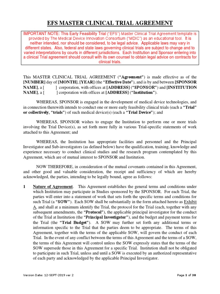 Efs Master Clinical Trial Agreement 2019 V2 | PDF | Institutional ...
