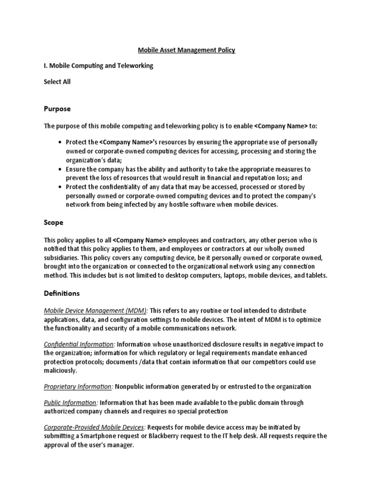 Purpose: Mobile Asset Management Policy I. Mobile Computing and ...