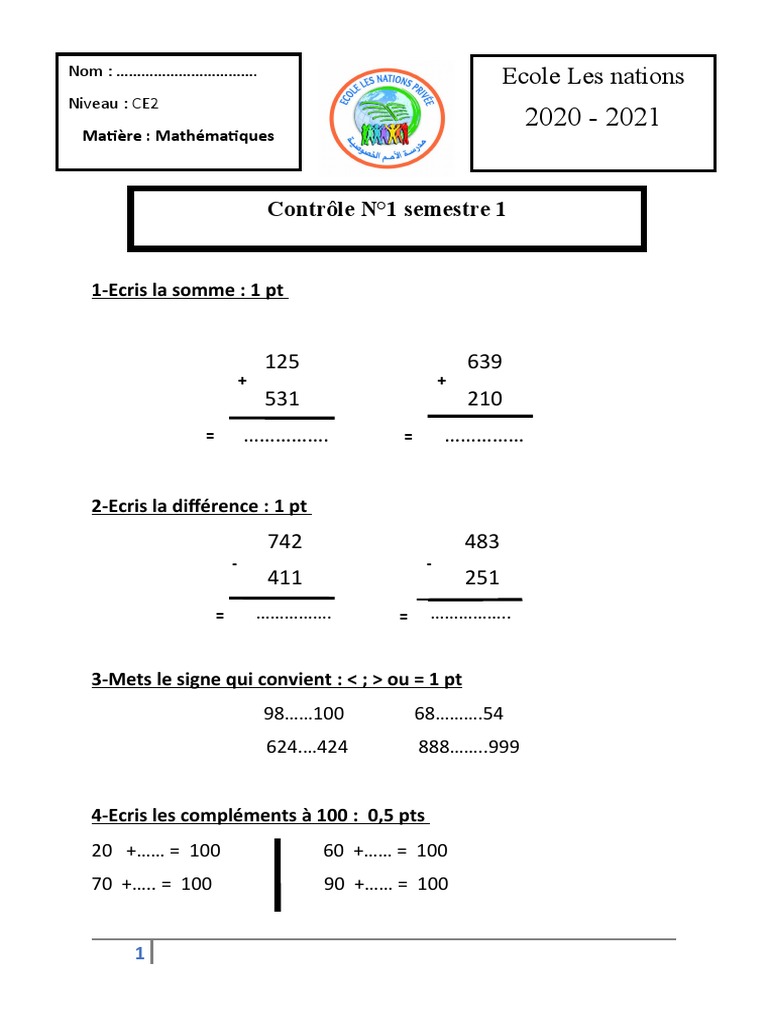 Controle Maths Ce2 | PDF