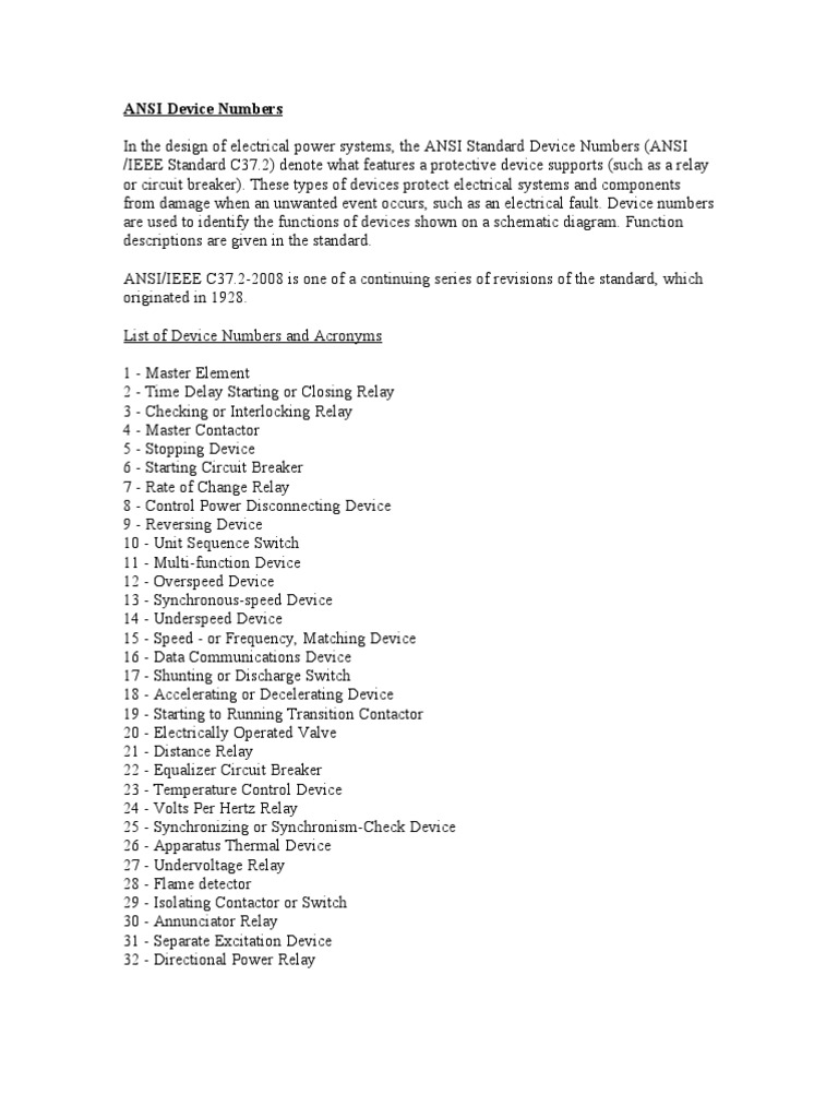 ANSI Device Numbers | PDF | Relay | Switch
