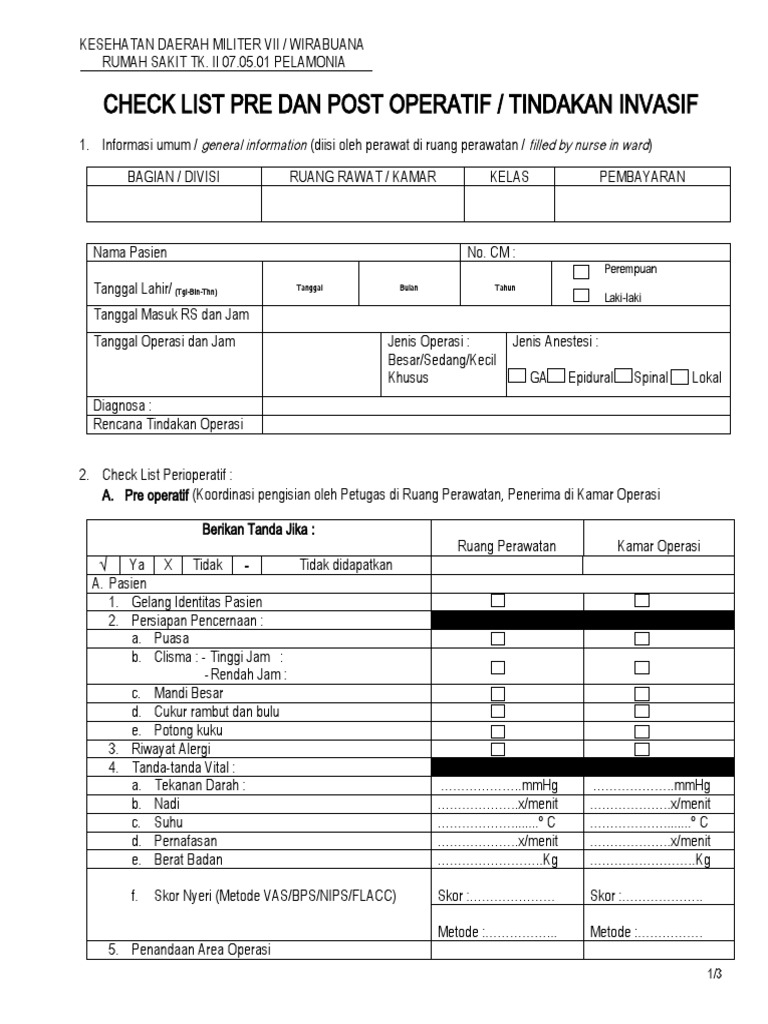 Check List Pre Dan Post Operatif | PDF