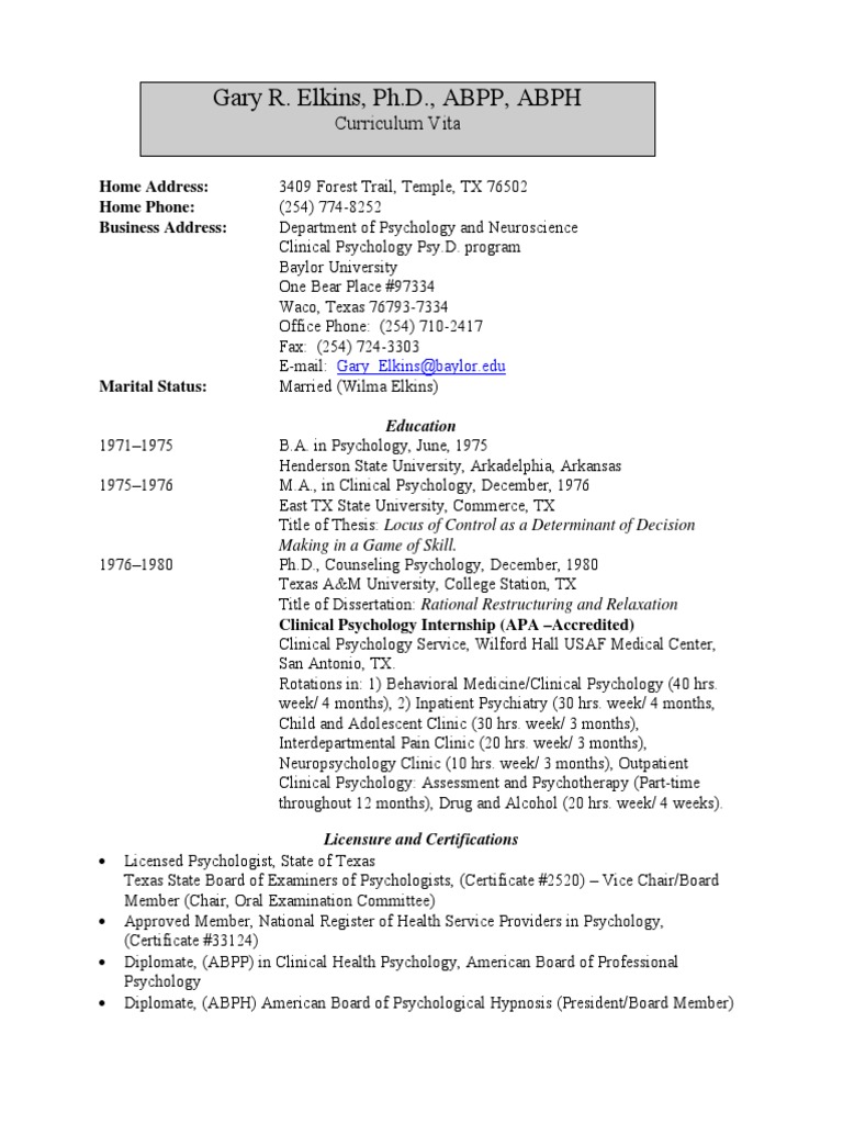Gary Elkins PH D CV | PDF | Hypnotherapy | Psychotherapy