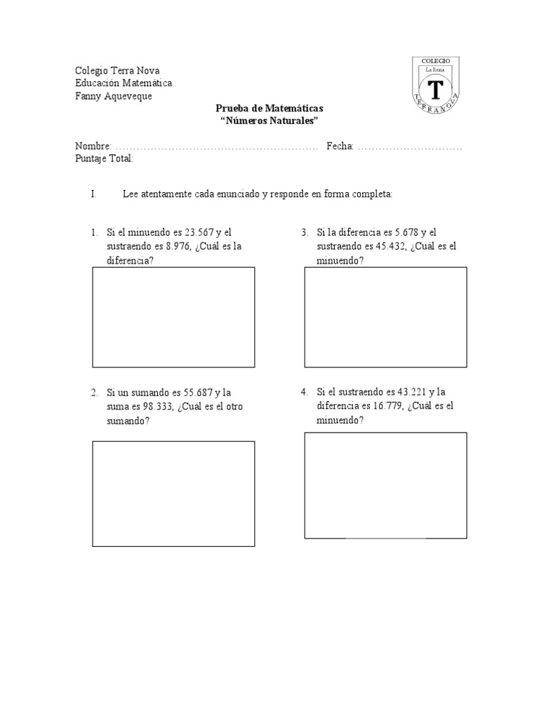 Prueba de Matemáticas Sumas y Restas Reserva | PDF