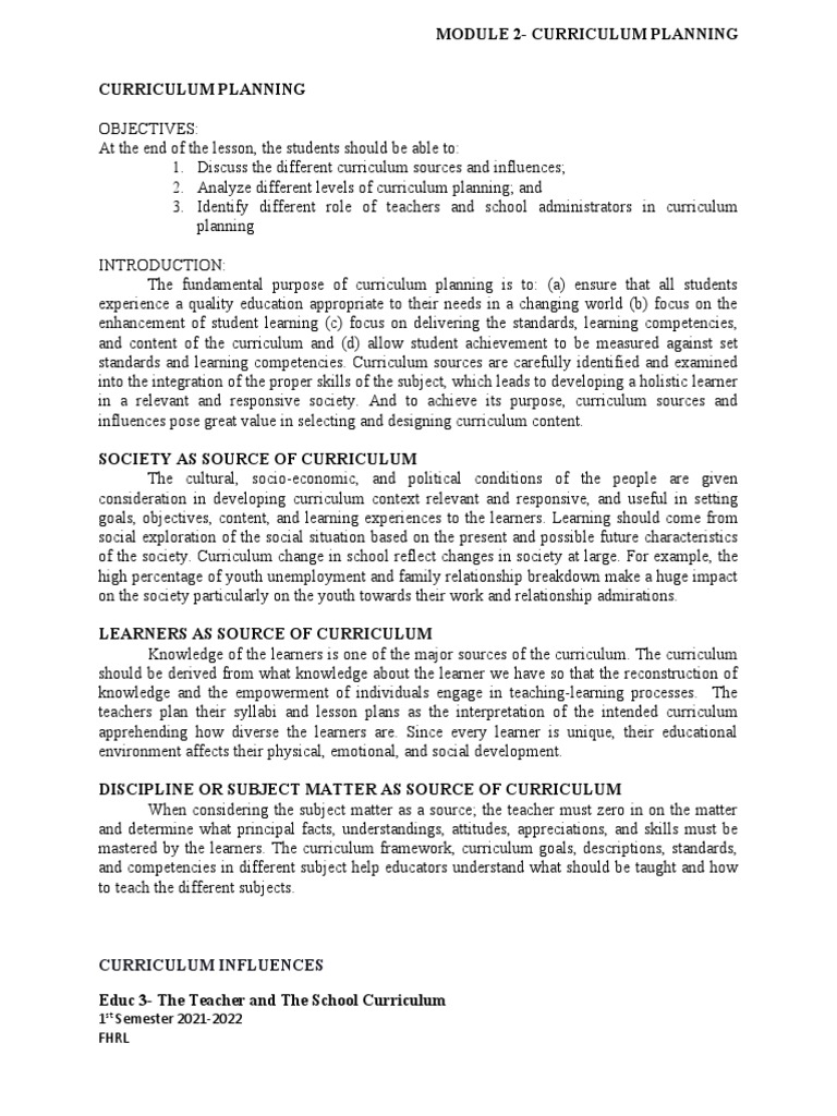 Module 2-Curriculum Planning | PDF | Curriculum | Learning