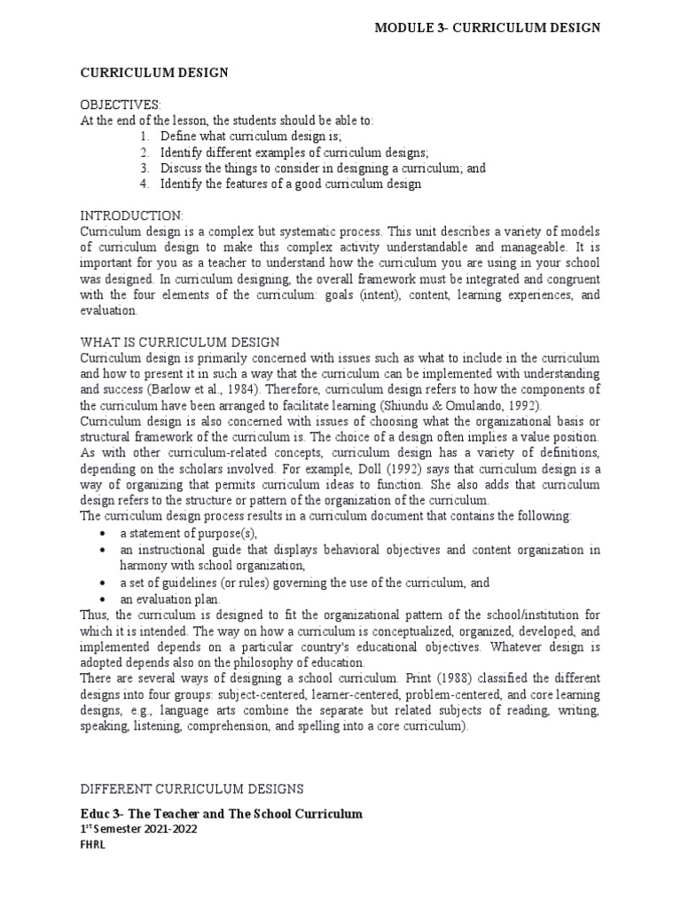 Module 3-Curriculum Design: 1 Semester 2021-2022 FHRL | Download Free ...