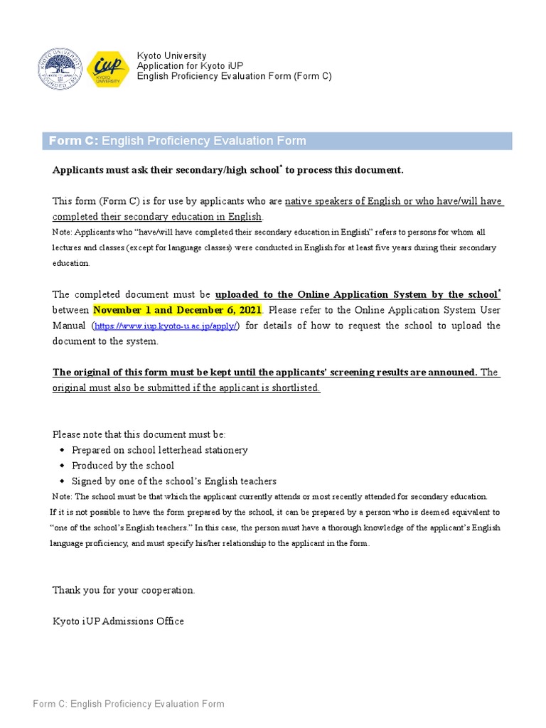 Form C: English Proficiency Evaluation Form: Applicants Must Ask Their ...