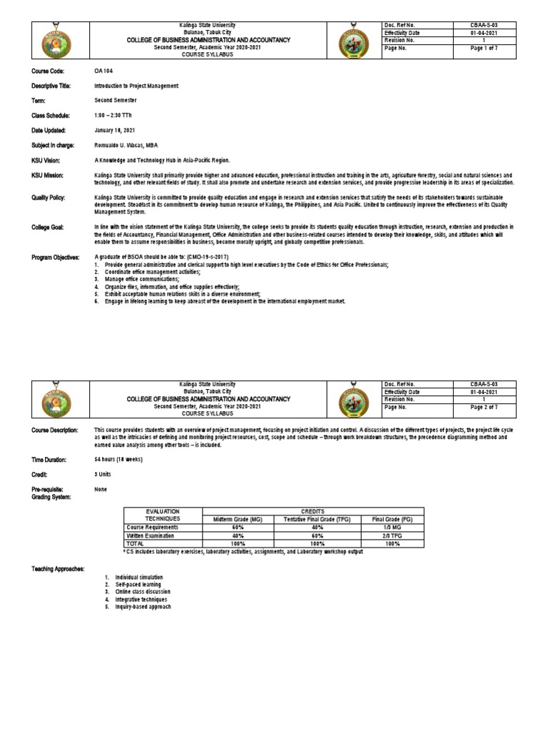 Introduction To Project Management Syllabus 2021 | PDF | Project ...