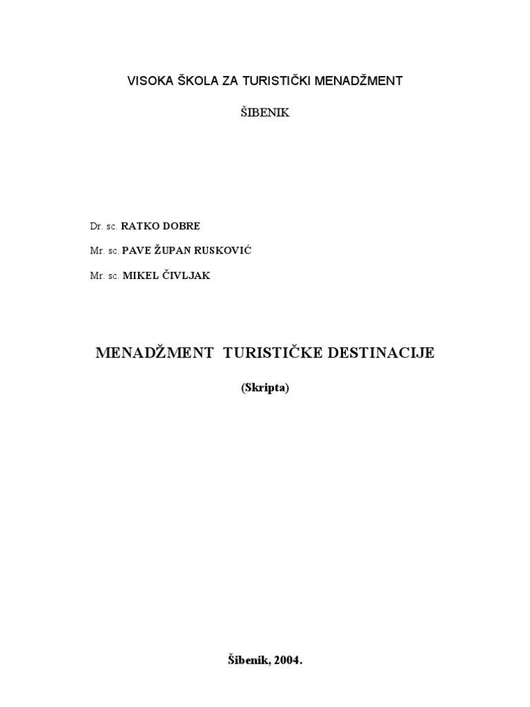 Menadzment Turisticke Destinacije Skripta | PDF