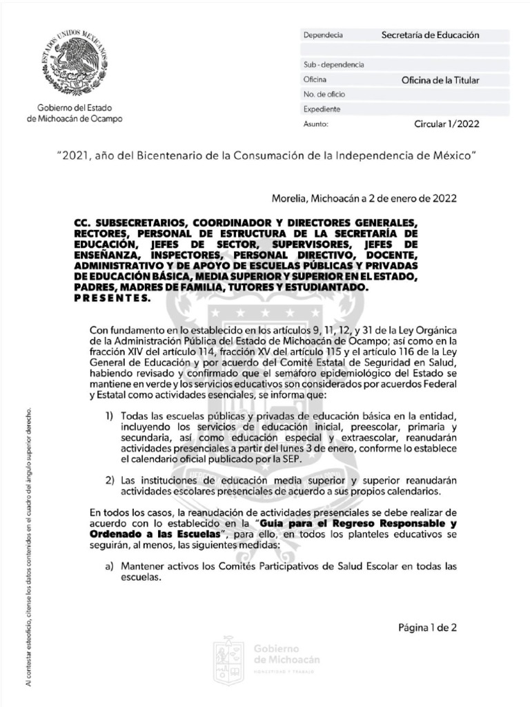Circular 01-2022 Regreso Seguro A Clases | PDF