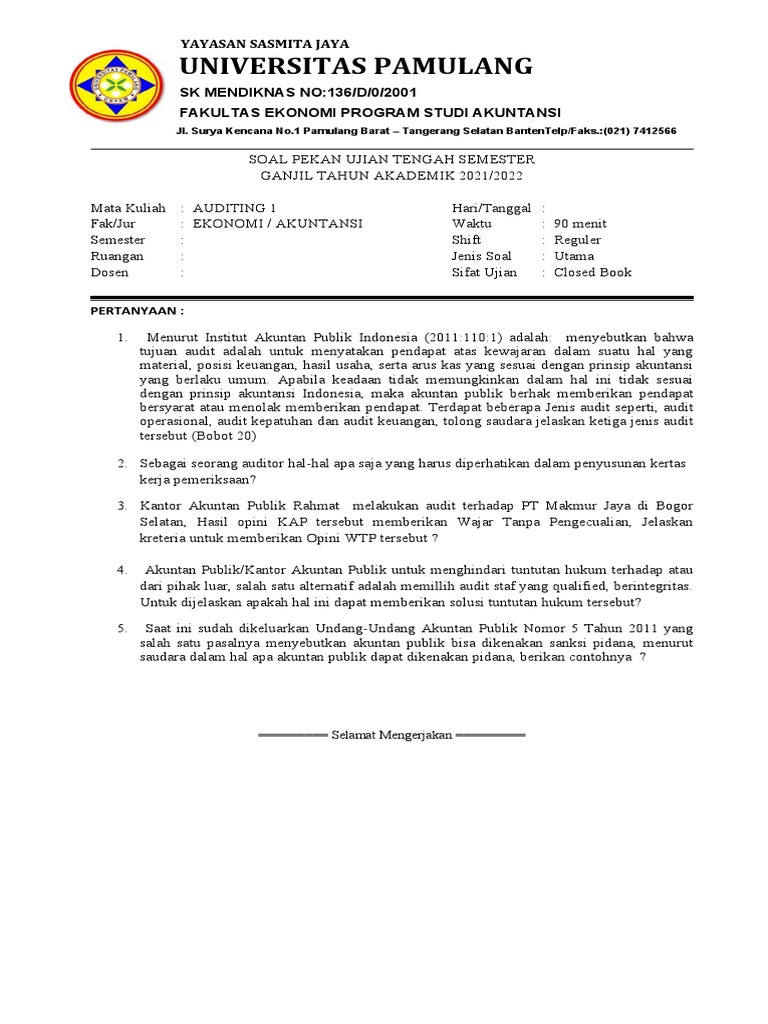 Soal Uts Auditing 1 | PDF