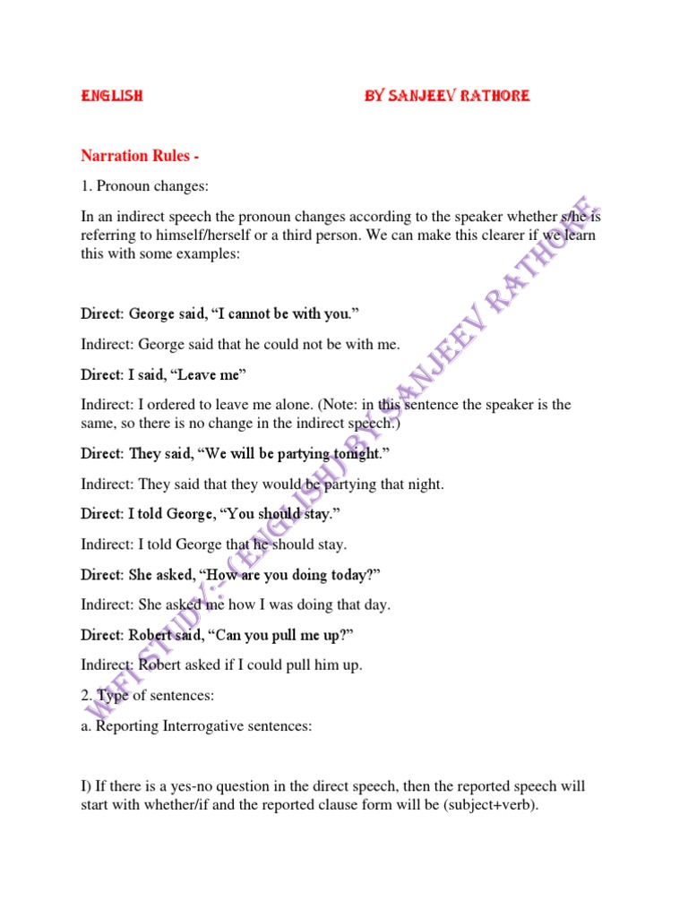 Narration Rules - : English by Sanjeev Rathore | PDF | Sentence ...