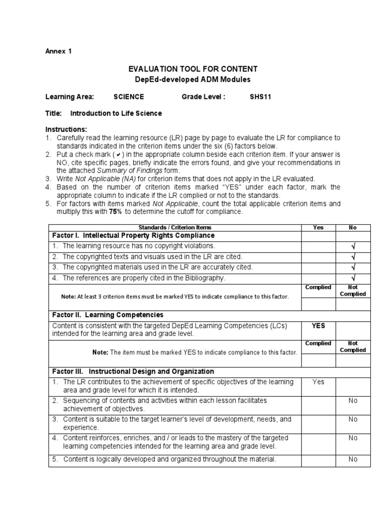 Evaluation Tool For Content Deped-Developed Adm Modules: Annex 1 | PDF ...