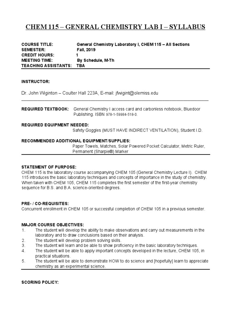 Chem 115 - General Chemistry Lab I - Syllabus: Dr. John Wiginton ...