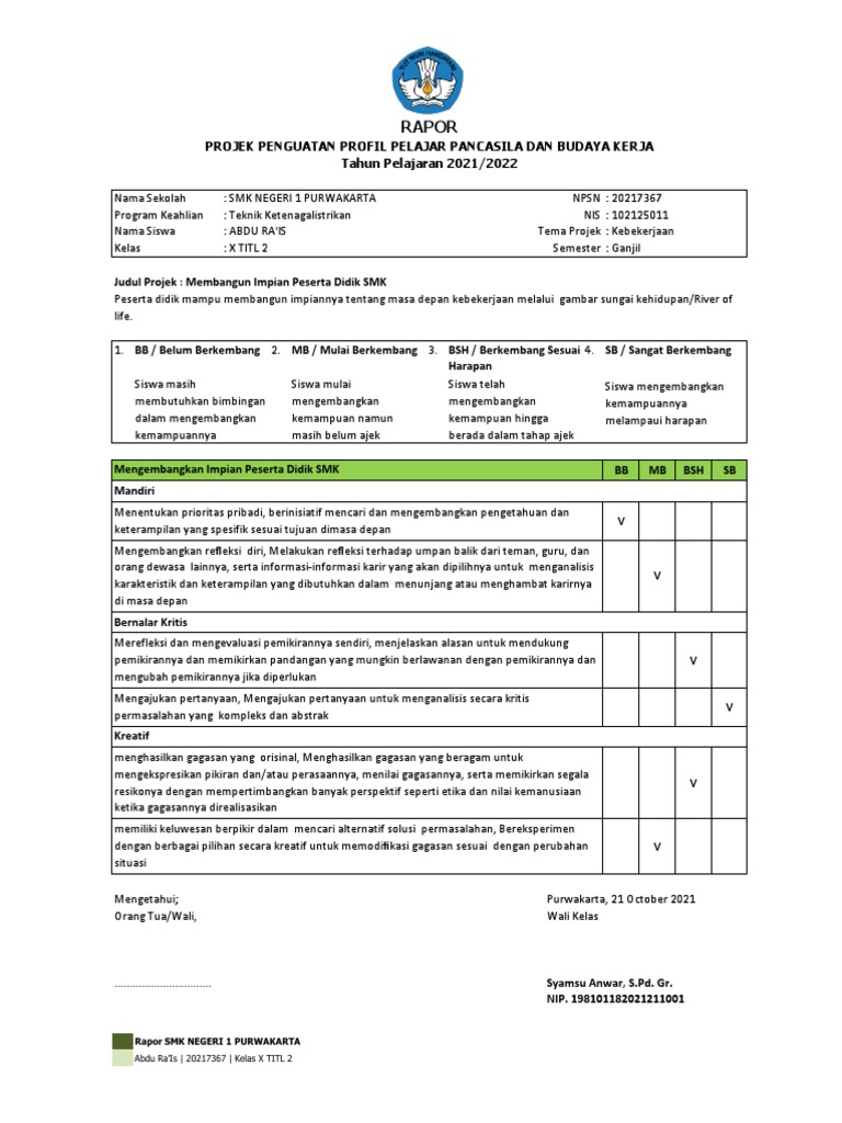 Contoh Rapor P5 SMK Teknik Ketenagalistrikan | PDF
