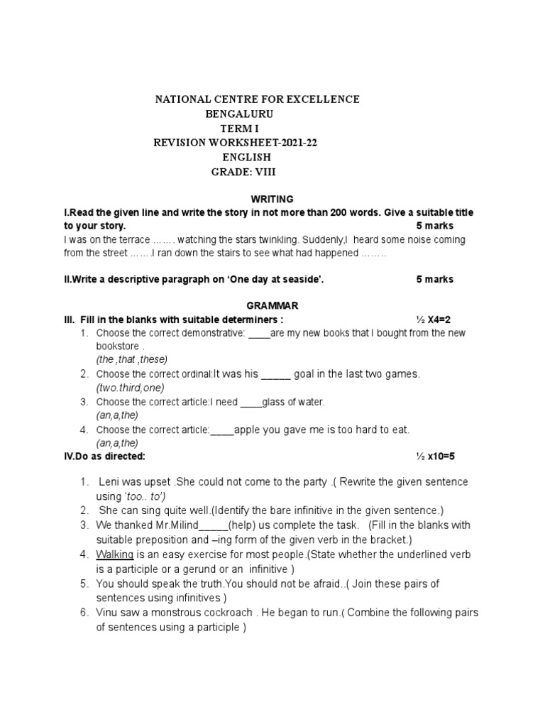Grade 8-Grammar Revision Worksheet | PDF | Verb | Language Mechanics