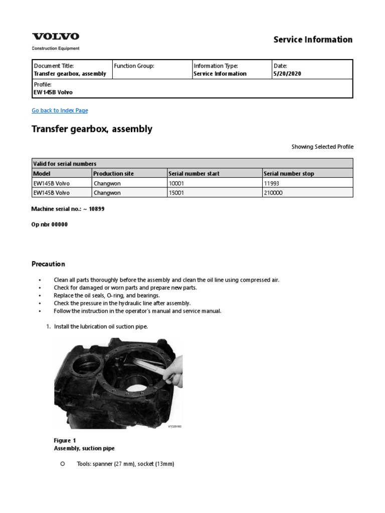 EW145B Volvo Transfer Gearbox Assembly Guide | PDF | Bearing ...