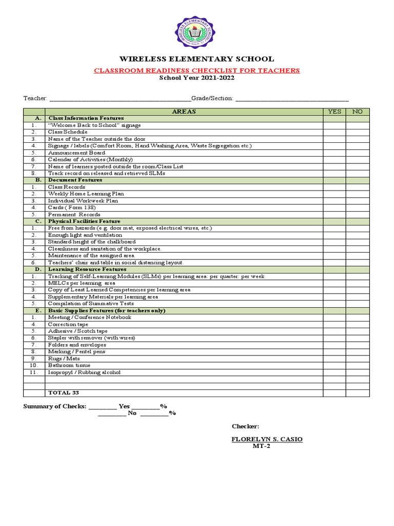 Classroom Readiness Checklist S.Y. 2021 2022 | PDF