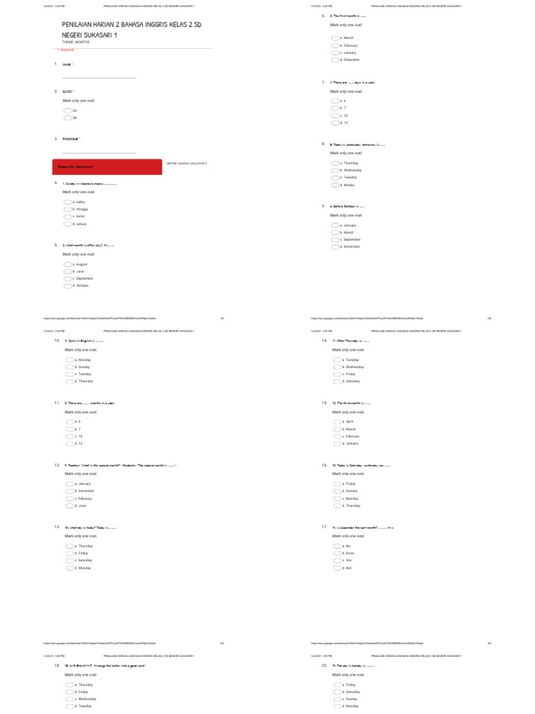 Penilaian Harian 2 Bahasa Inggris Kelas 2 SD Negeri Sukasari 1 | PDF