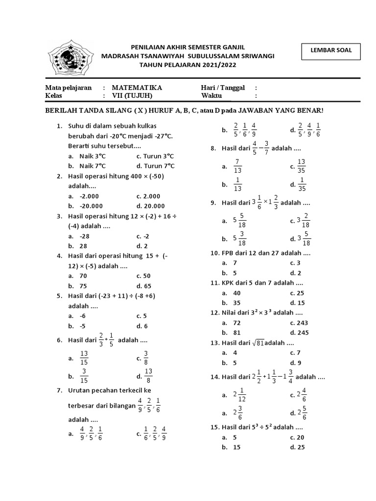 Soal Pas MTK Kelas 7 | PDF