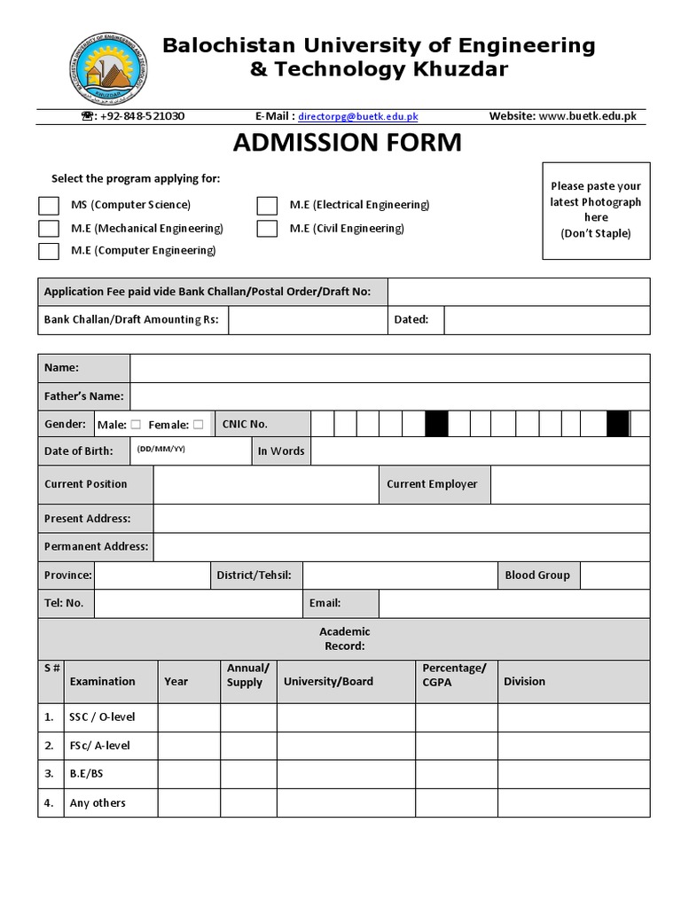 Admission Form: Balochistan University of Engineering & Technology ...