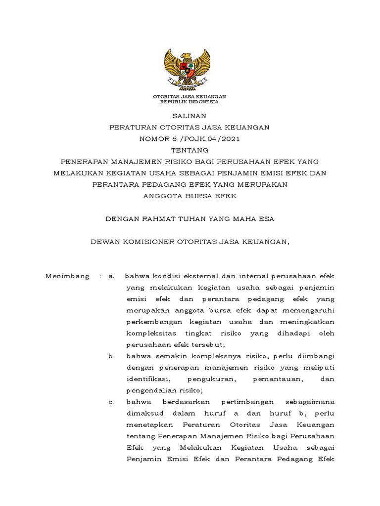 Penerapan Manajemen Risiko POJK 6/2021 | PDF | Pengelolaan Keuangan & Uang