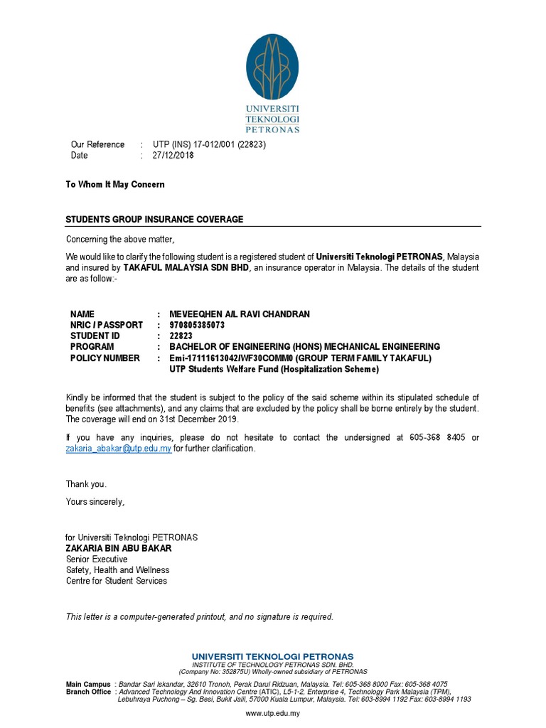 Zakaria - Abakar@utp - Edu.my: This Letter Is A Computer-Generated ...
