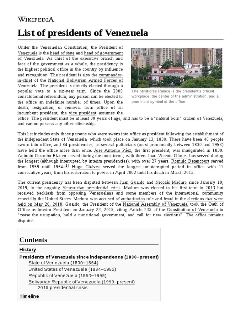 List of Presidents of Venezuela | PDF | Nicolás Maduro | Venezuela