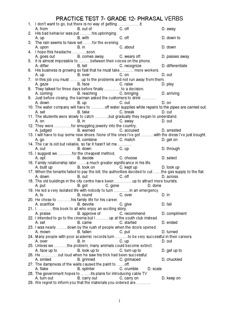 Practice Test 7-Grade 12 - Phrasal vERBS | PDF