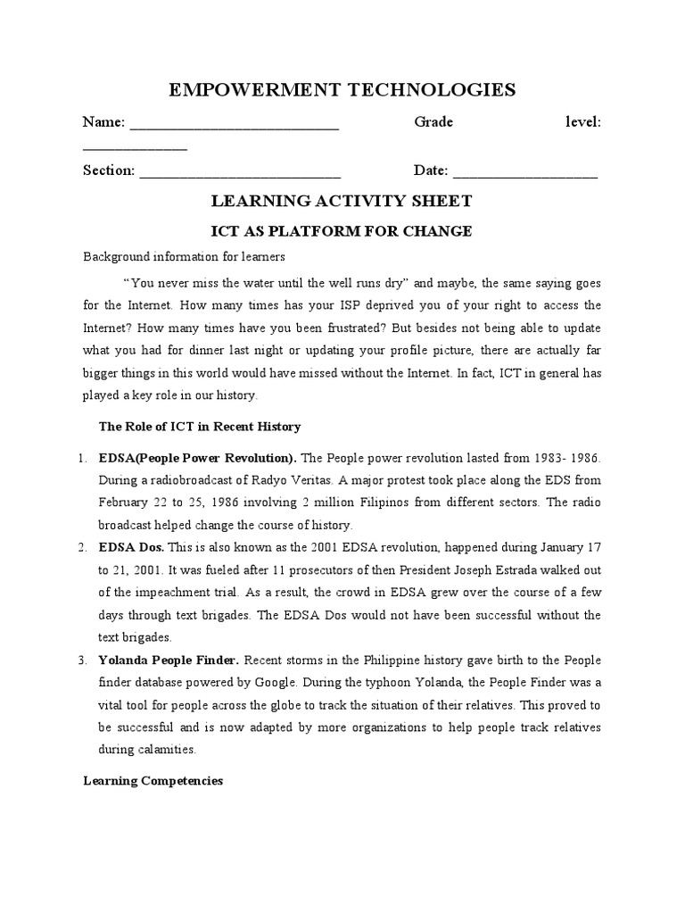 Empowerment Technologies: Learning Activity Sheet | PDF | Learning ...