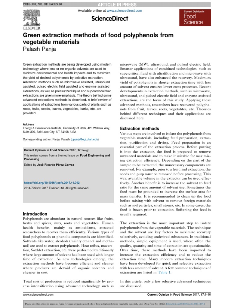 Panja (2017) Green Extraction Methods of Polyphenols From Vegetable Materials | PDF | Polyphenol ...