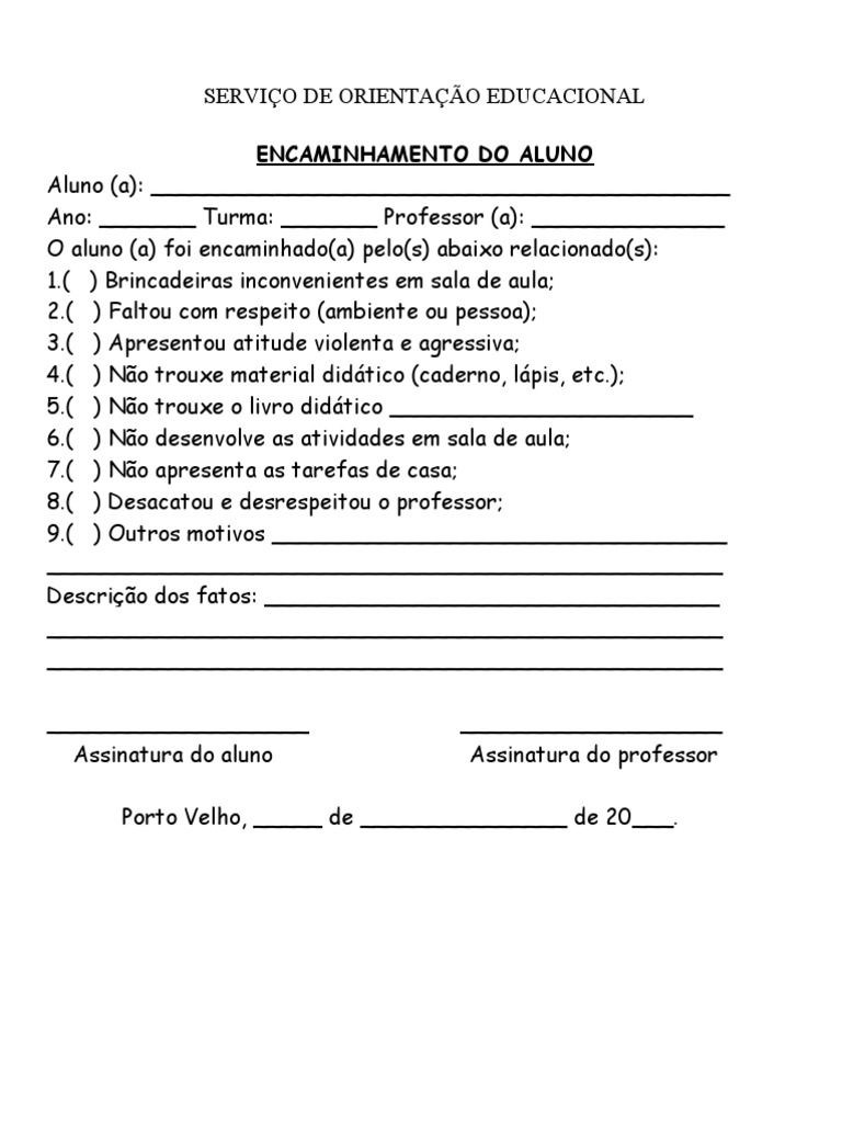 Ficha de Encaminhamento Do Aluno Modelo | PDF Ficha de Encaminhamento Do Aluno Modelo | PDF