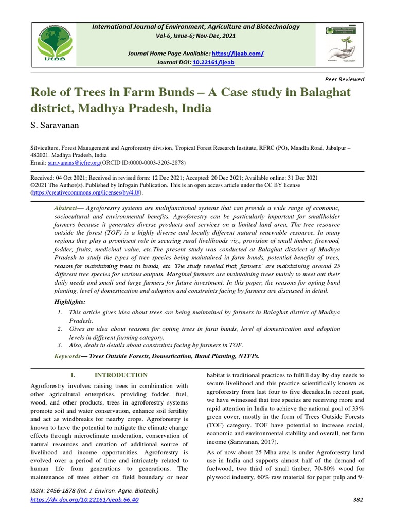 Role of Trees in Farm Bunds - A Case Study in Balaghat District, Madhya ...