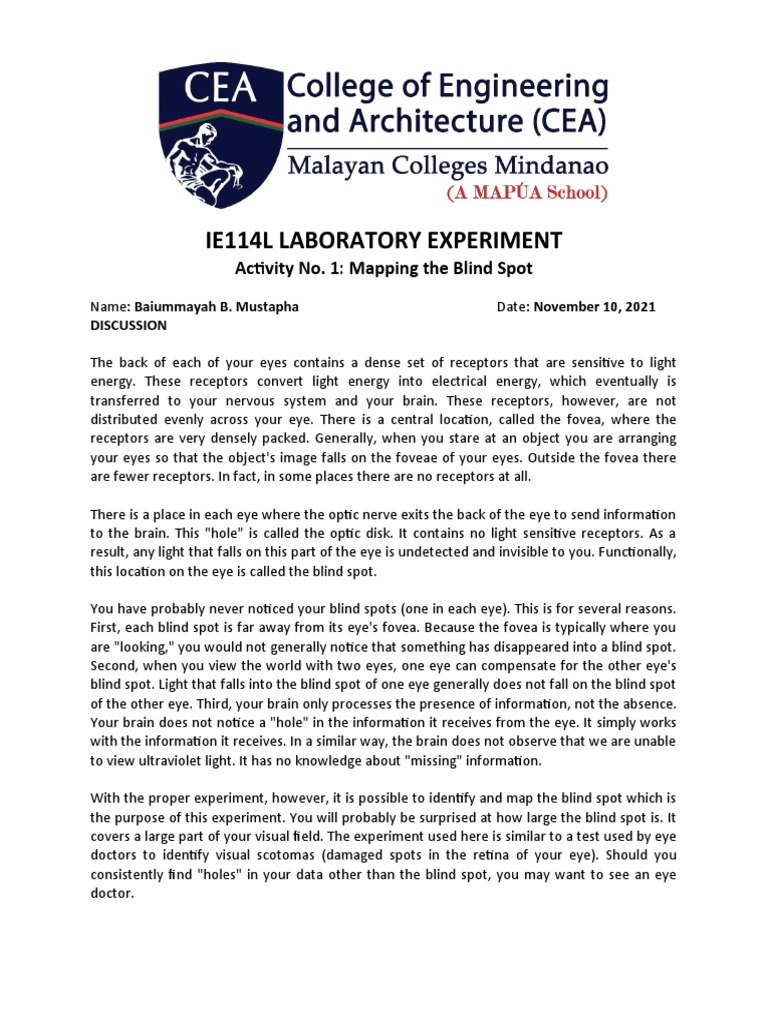 Experiment 1 - Mapping The Blind Spot | PDF | Eye | Visual Perception
