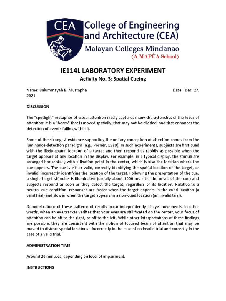 Experiment 3 - Spatial Cueing | PDF | Cognition | Cognitive Neuroscience