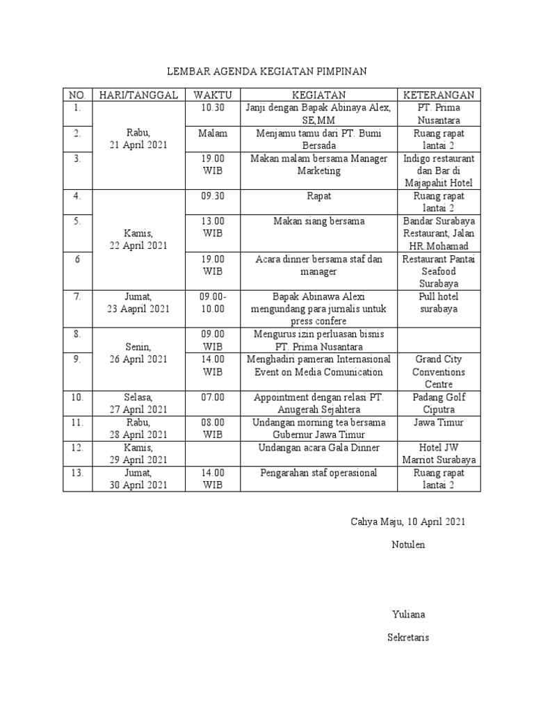 Lembar Agenda Kegiatan Pimpinan | PDF